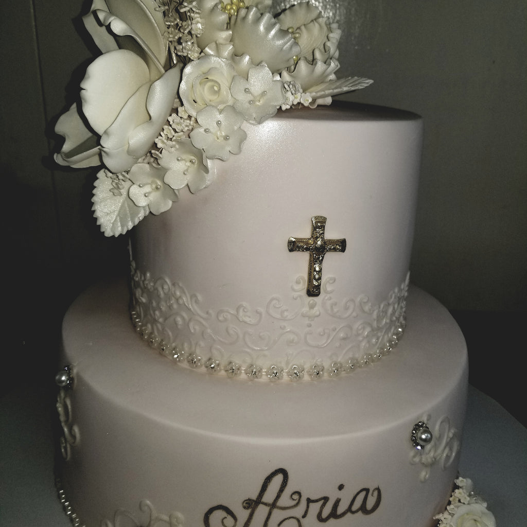 Baby pink and Gold Religious Fondant Cake - R023 – Circo's Pastry Shop